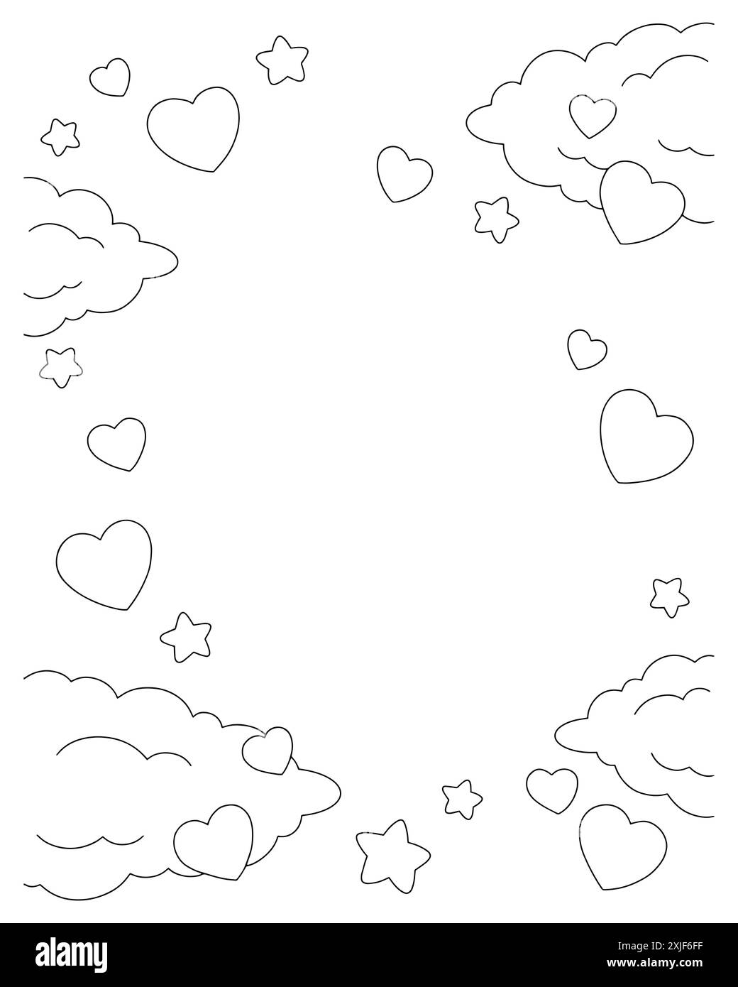 Background with hearts and clouds. Coloring book page for kids ...