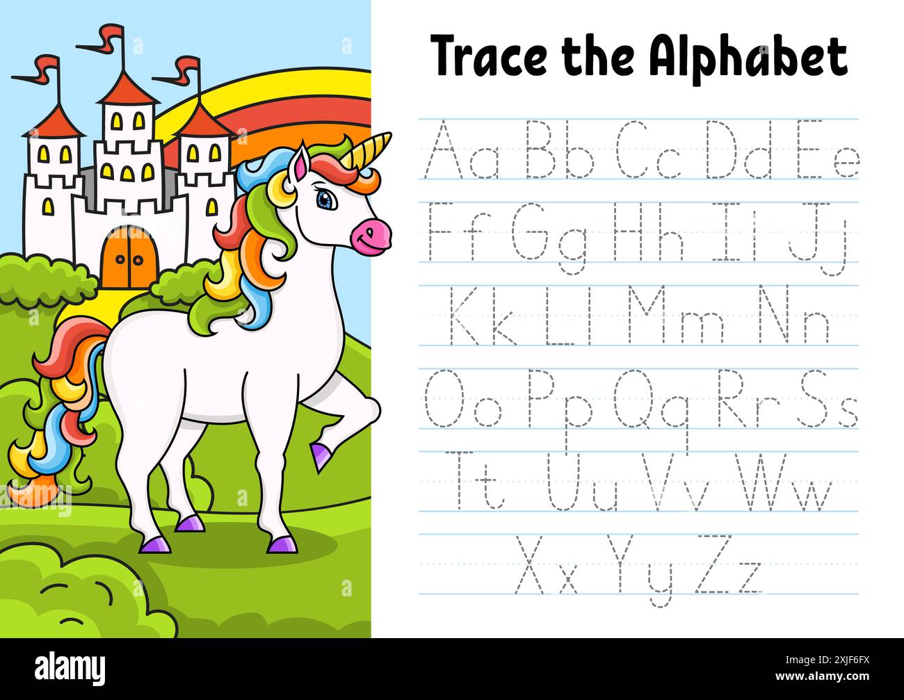 Writing letters. Tracing page with unicorn. Practice sheet. Worksheet ...
