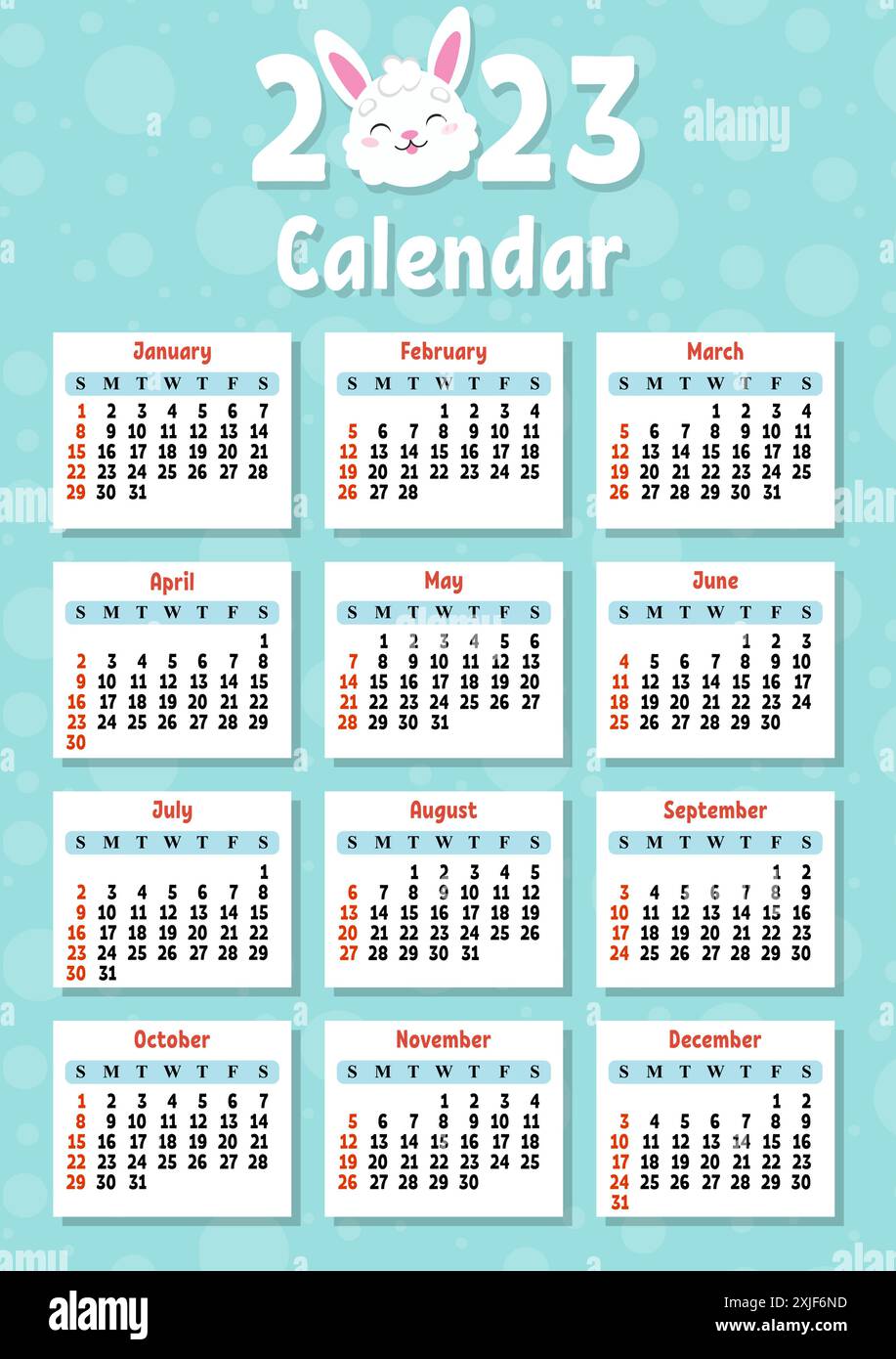 Color calendar for 2023 with a cute character rabbit. Week starts on ...