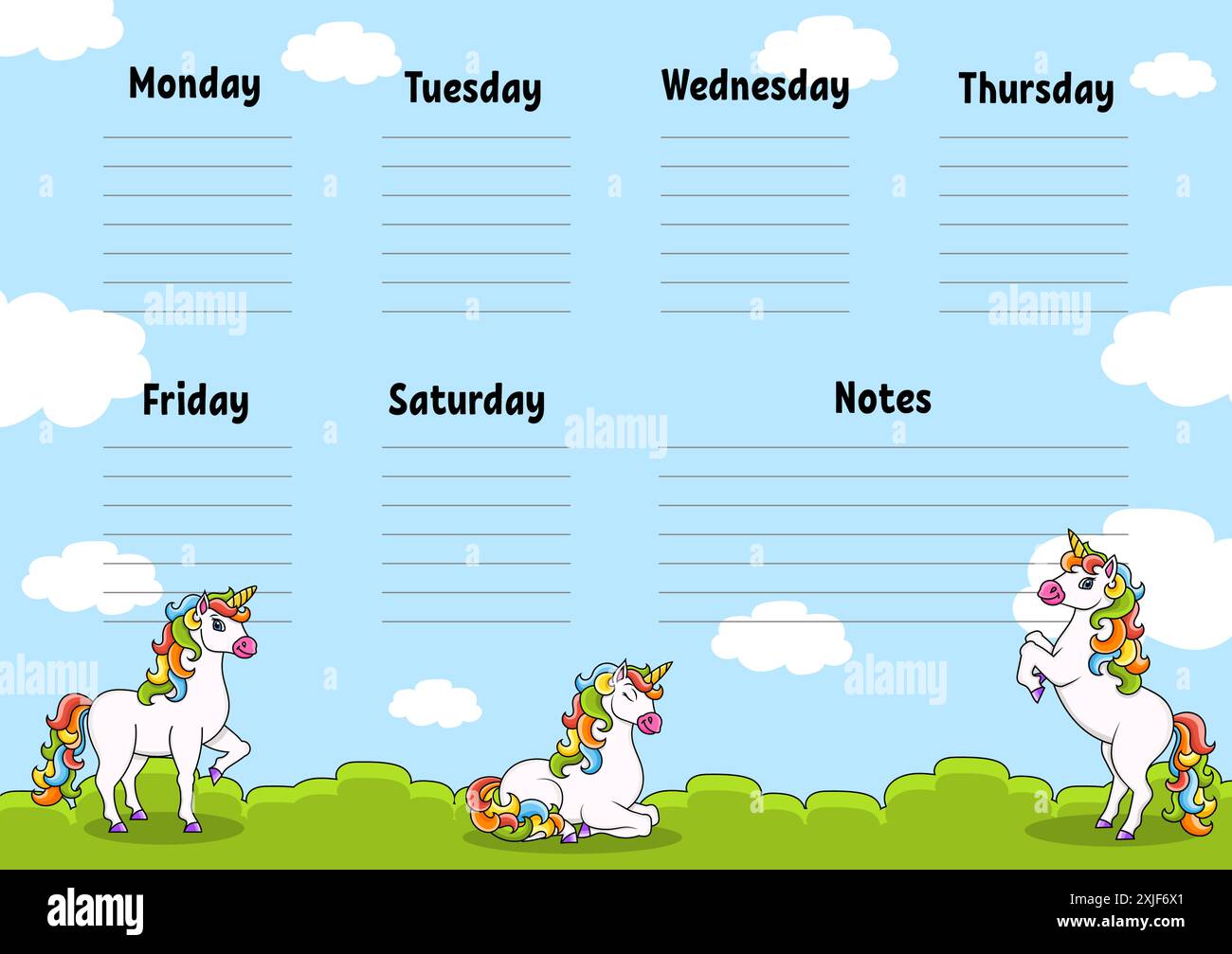 School timetable with cute unicorn. For the education of children ...