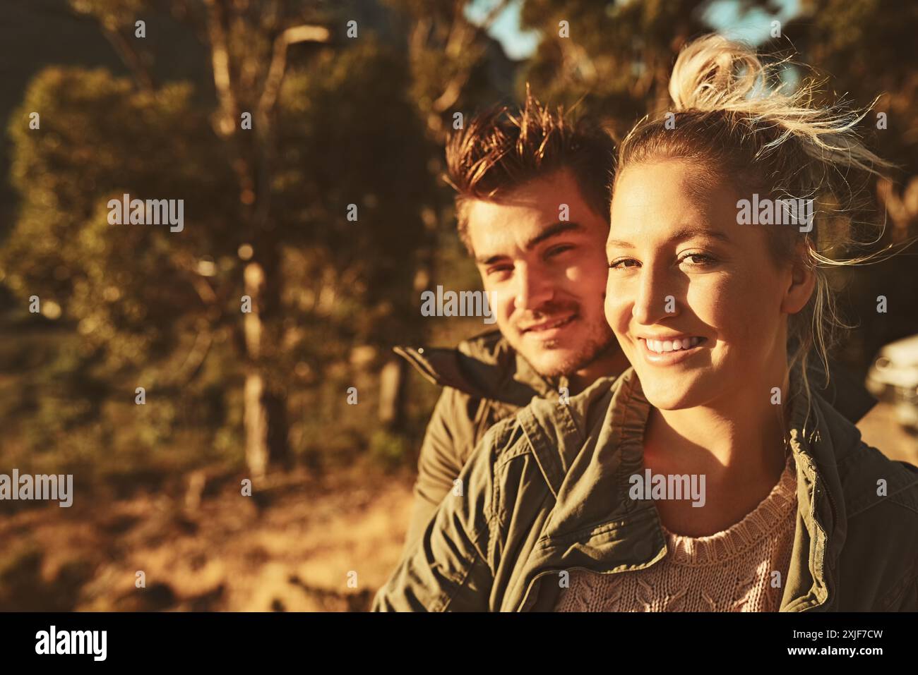 Nature, happy and portrait of couple hugging on romantic date for ...