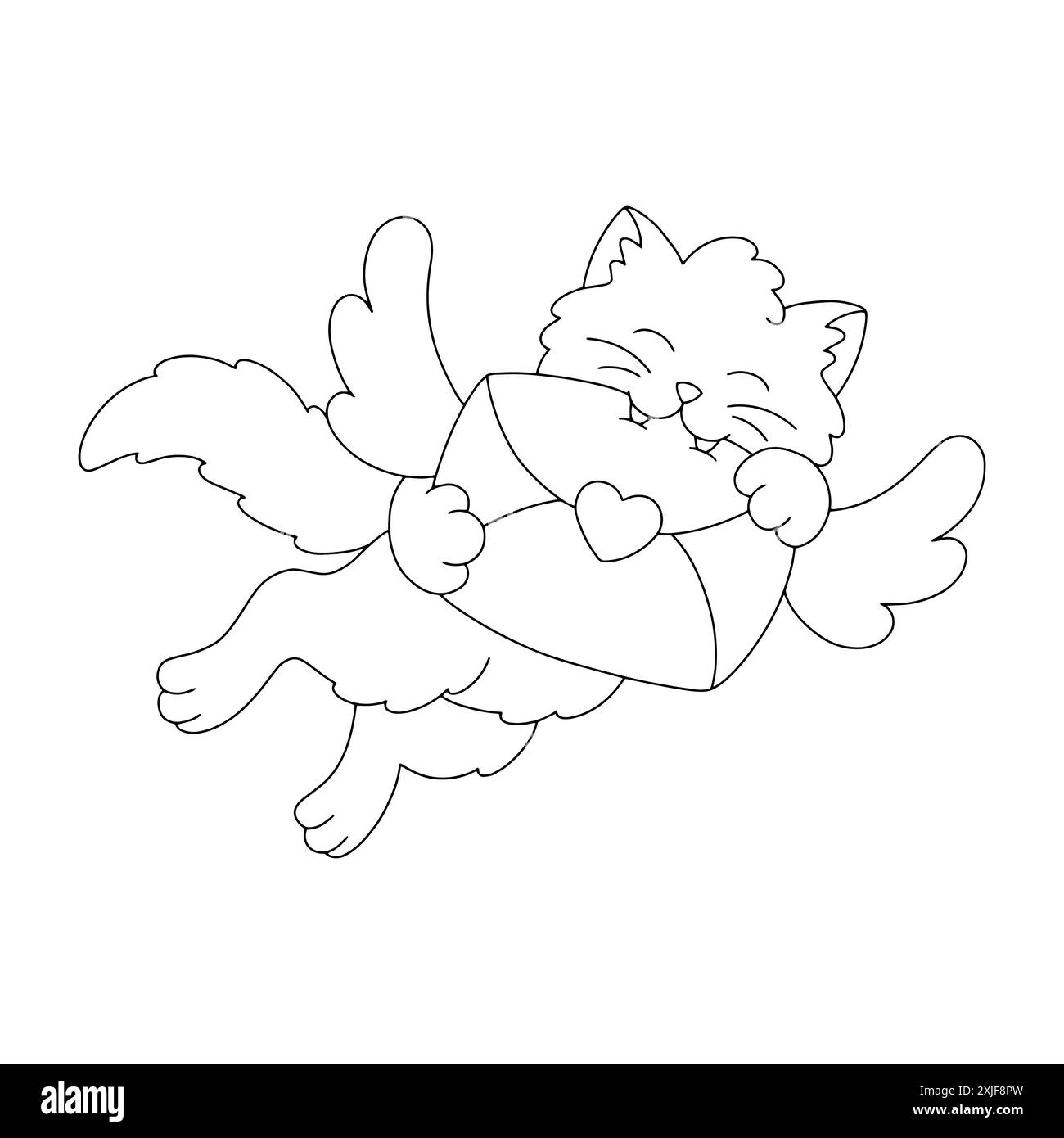 Cupid cat with wings carries a love letter. Coloring book page for kids ...