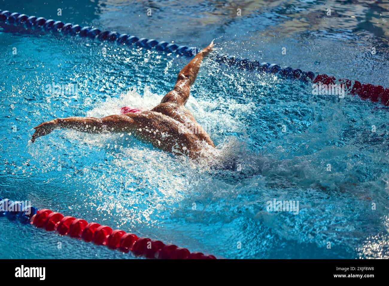 swimmer, sportsman performs powerful butterfly stroke, his muscular ...