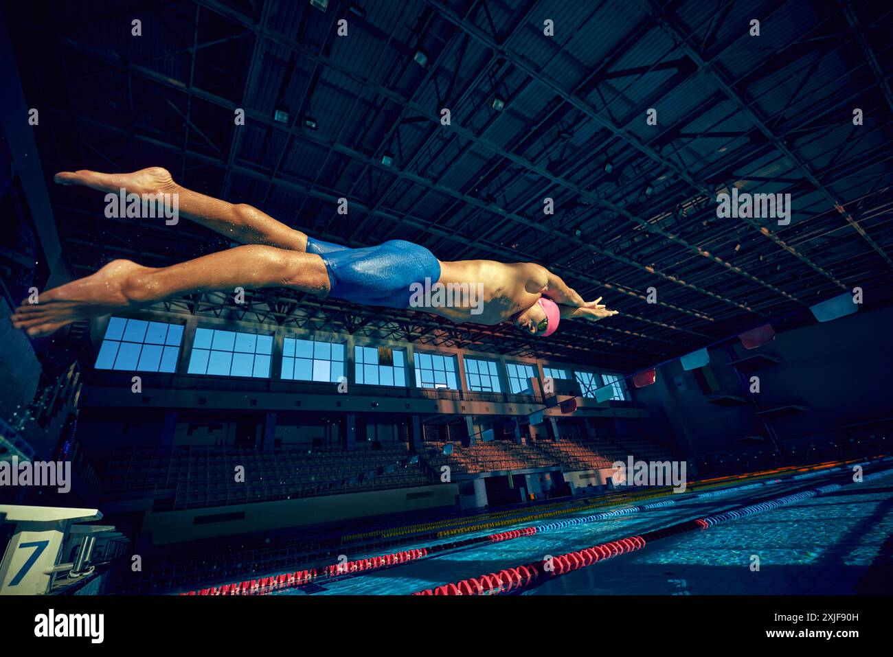 Dynamic photo of young muscular man, professional swimmer diving into ...