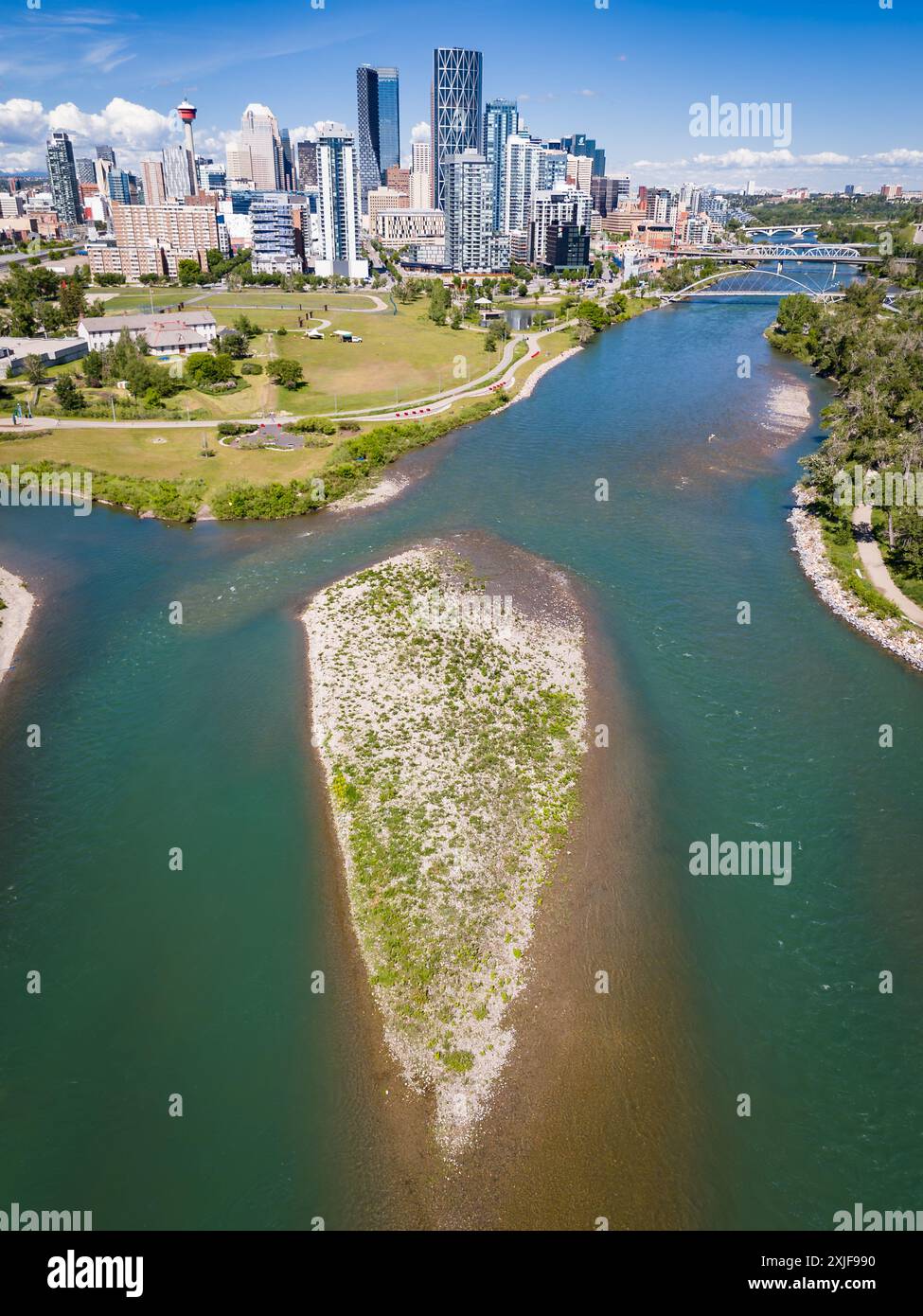 Calgary Alberta Canada, June 20 2024: River island overlooking downtown ...