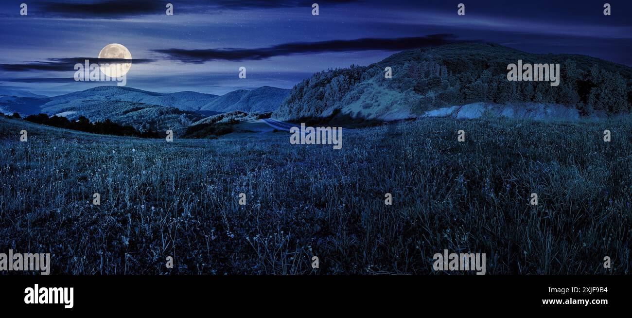 asphalt road winding through mountains and passes near the green forest ...