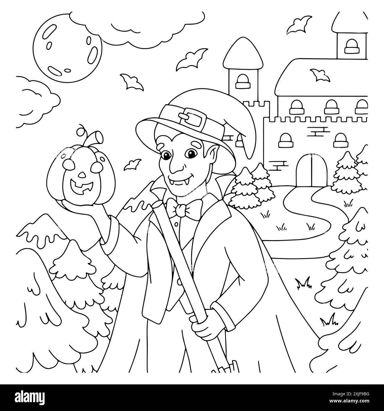 Count Dracula with broom and pumpkin for Halloween. Coloring book page ...
