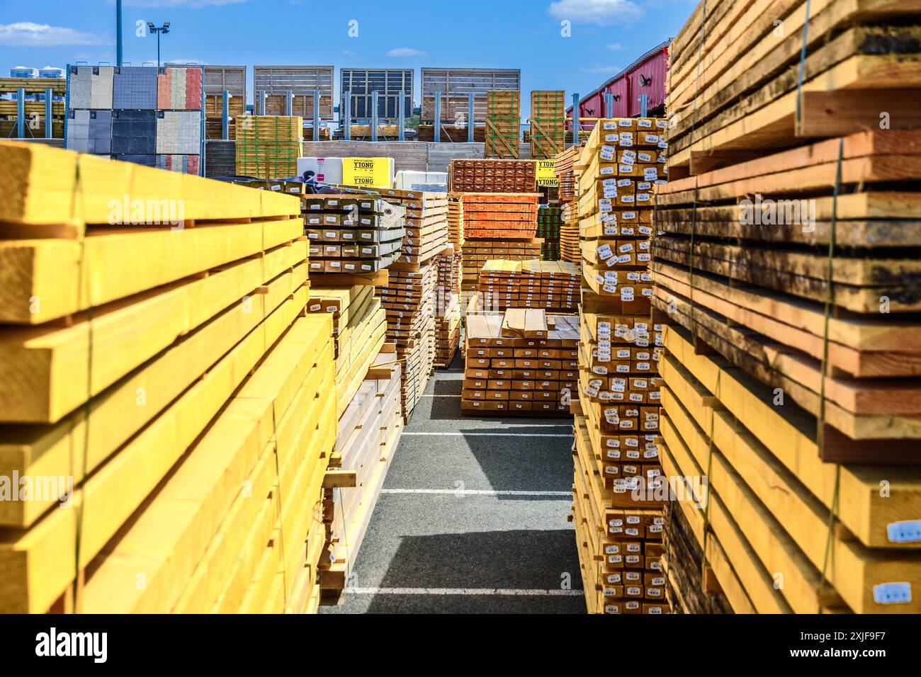 Stacks of softwood timber building materials at Brico Depot - Dissay ...