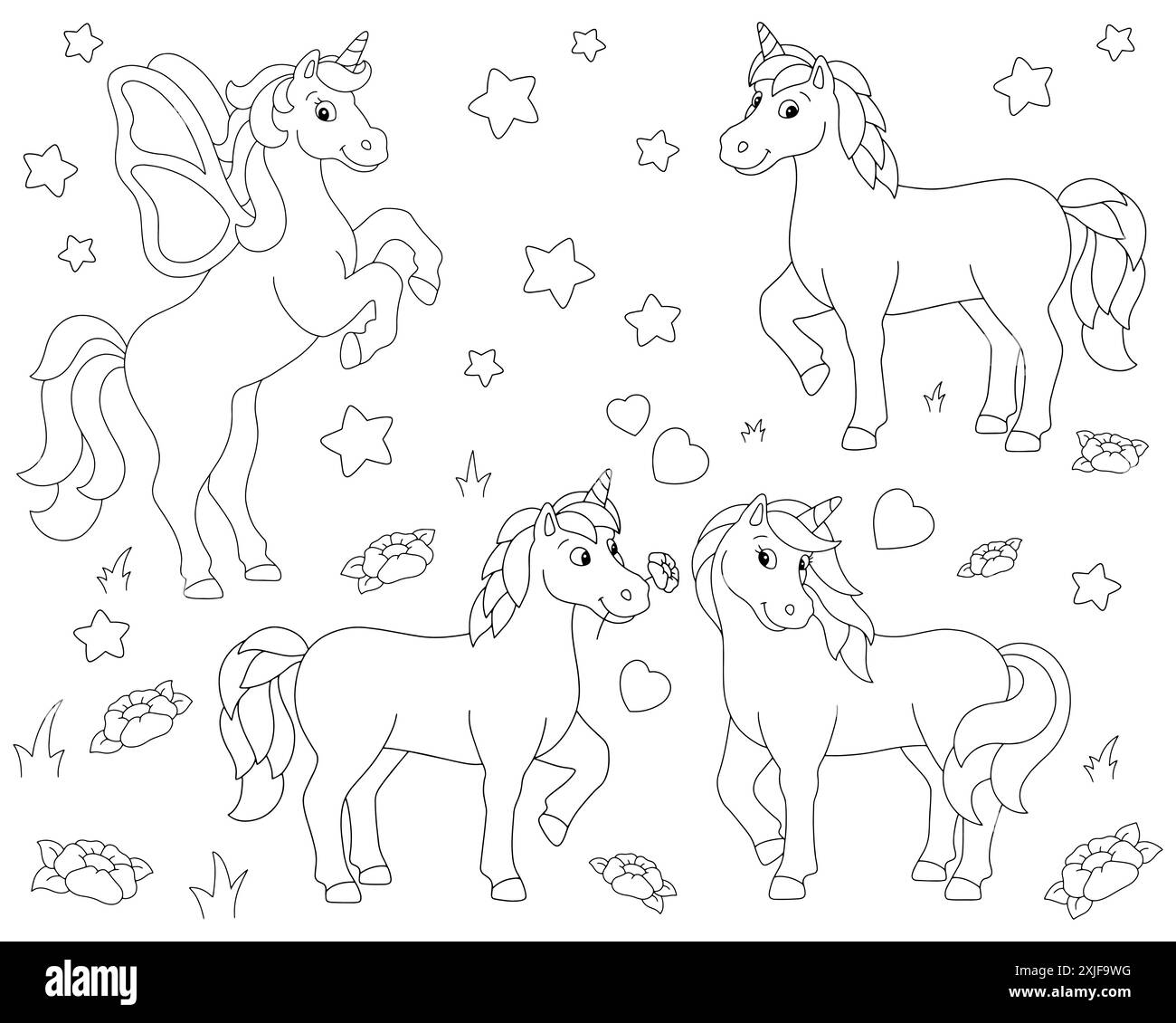Loving cute unicorns. Coloring book page for kids. Valentine's Day ...