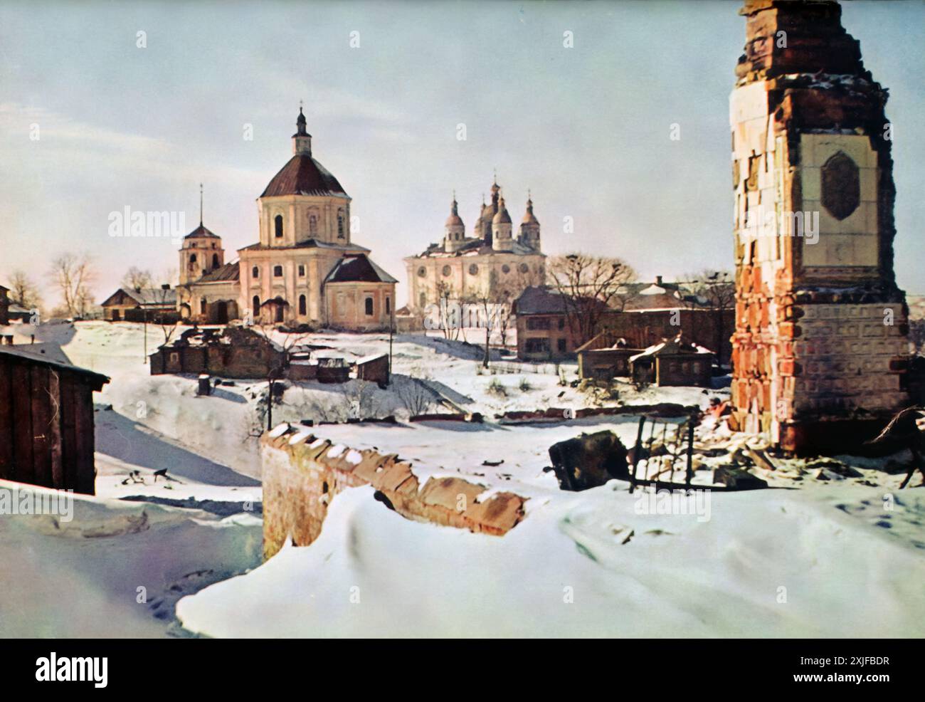 A photograph shows the nearly intact Smolensk Cathedral standing amidst ...
