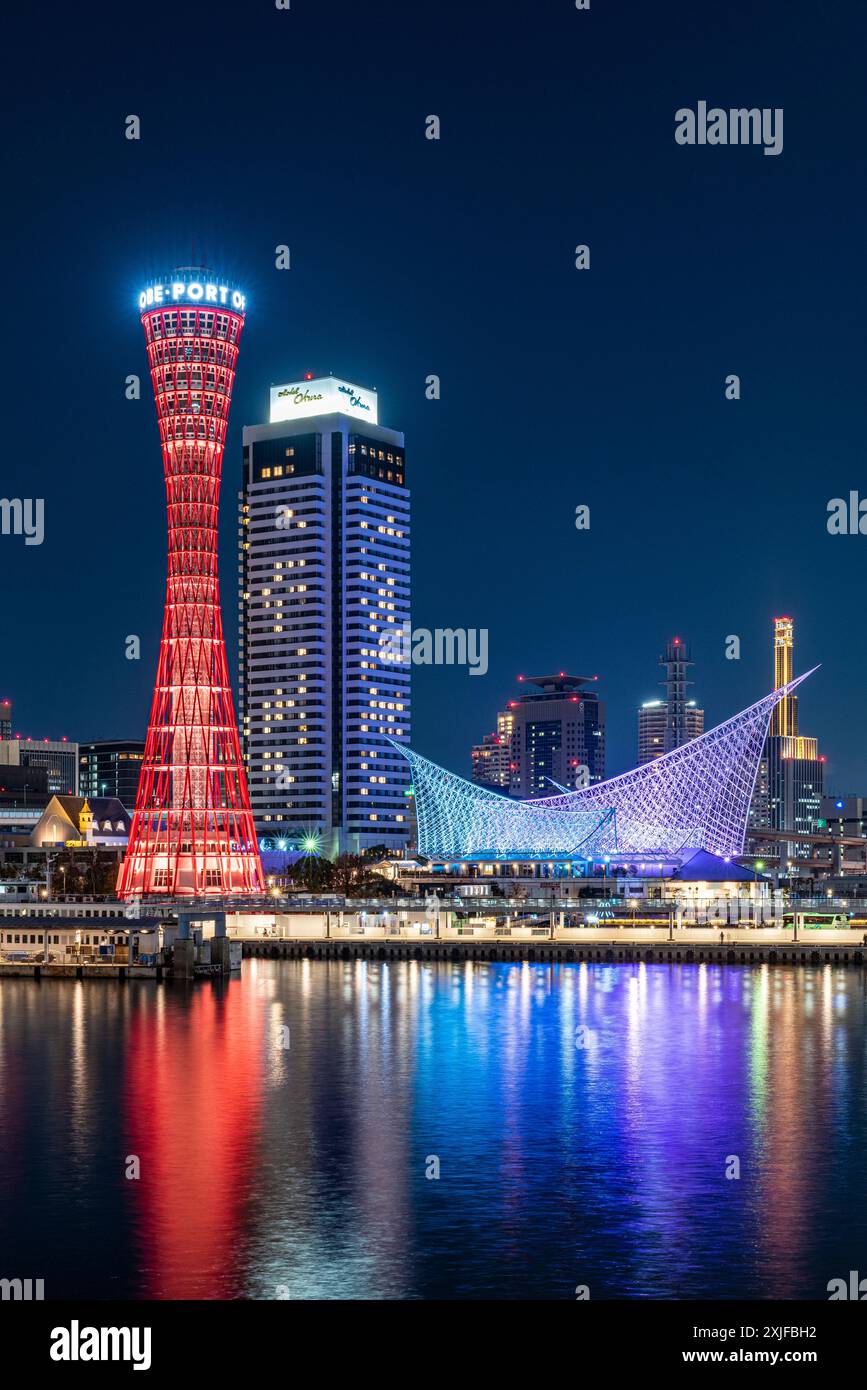 Night shots of Kobe Port Tower and harbour, Hyogo, Japan Stock Photo ...