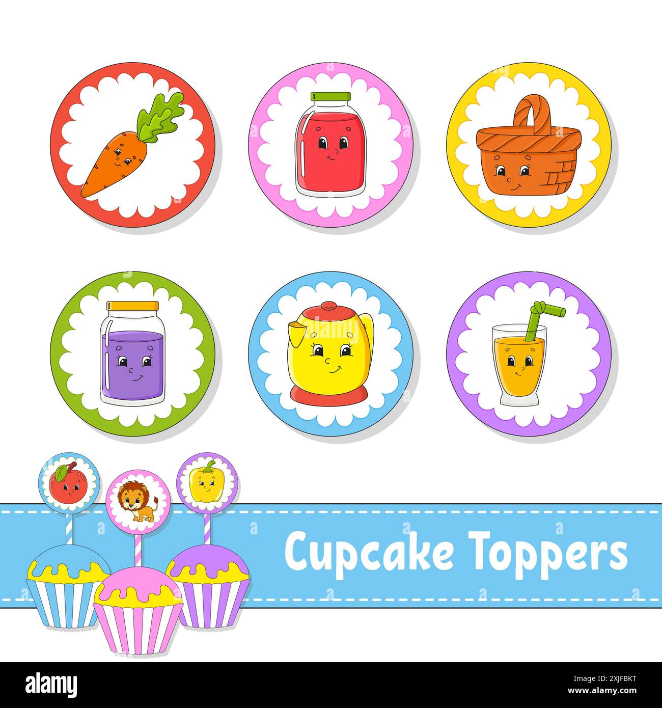 Cupcake Toppers. Set of six round pictures. cartoon characters. Cute ...