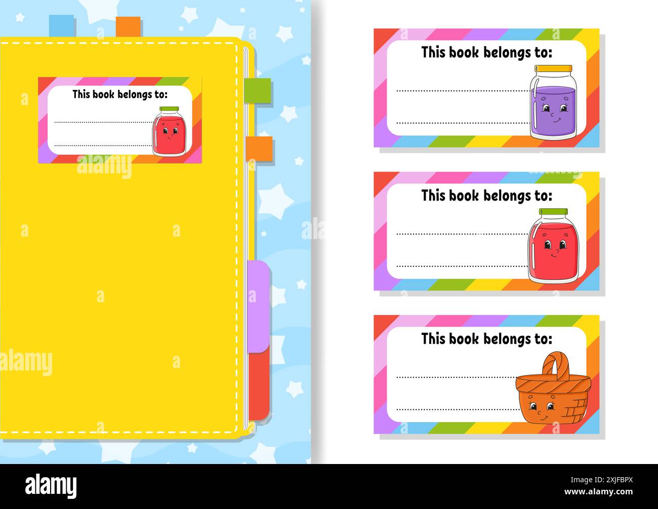 Book label stickers for kids. The rectangular shape. Cartoon character ...