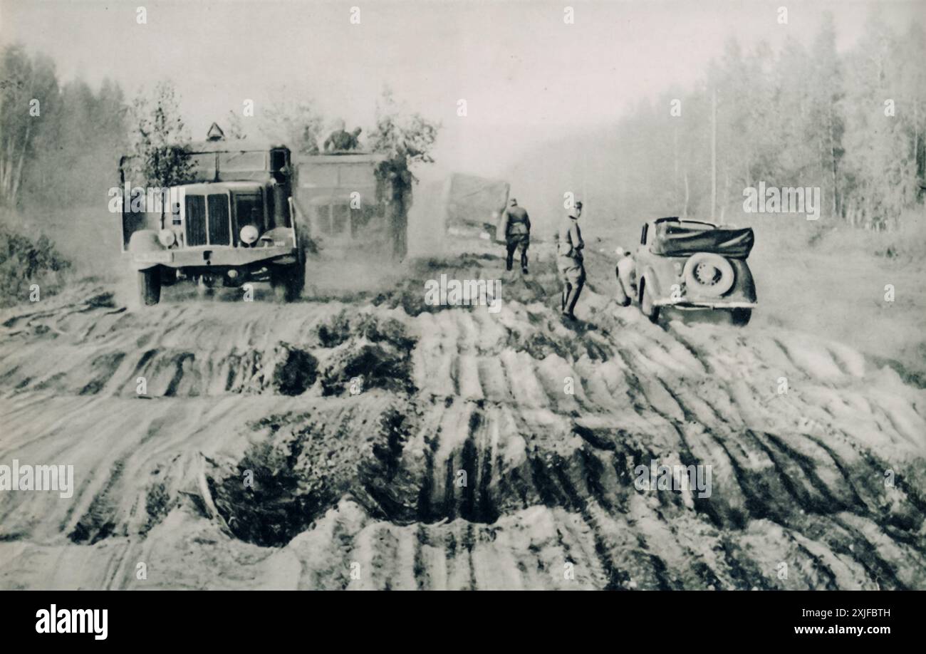 A photograph shows German vehicles traveling across rough, bumpy dirt ...