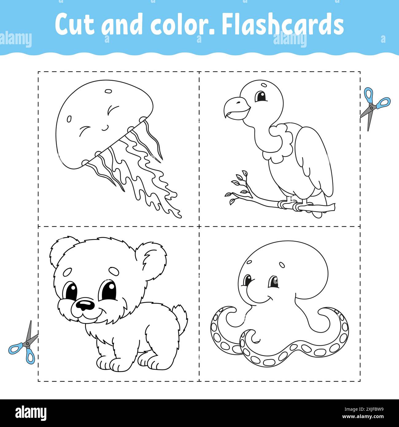 Cut and color. Flashcard Set. Coloring book for kids. Cute cartoon ...