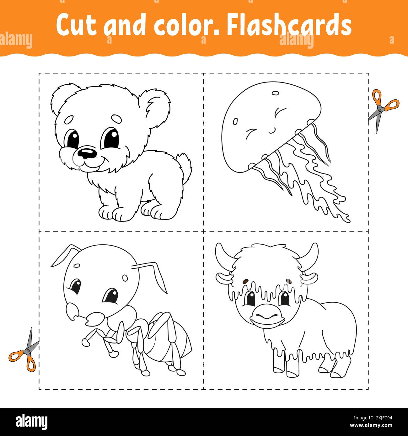 Cut and color. Flashcard Set. Coloring book for kids. Cute cartoon ...