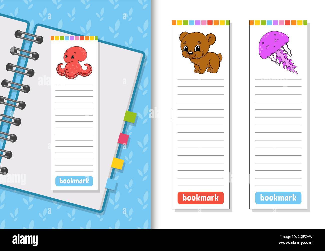 Set of paper bookmarks for books with cute cartoon characters. For kids ...