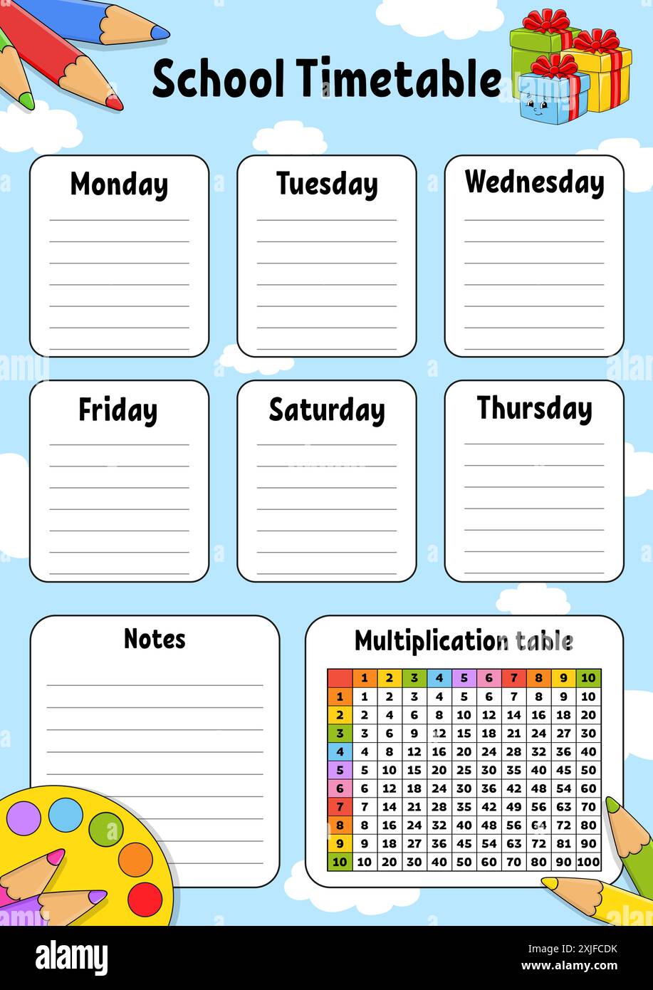 School timetable. For the education of children. Isolated on color ...