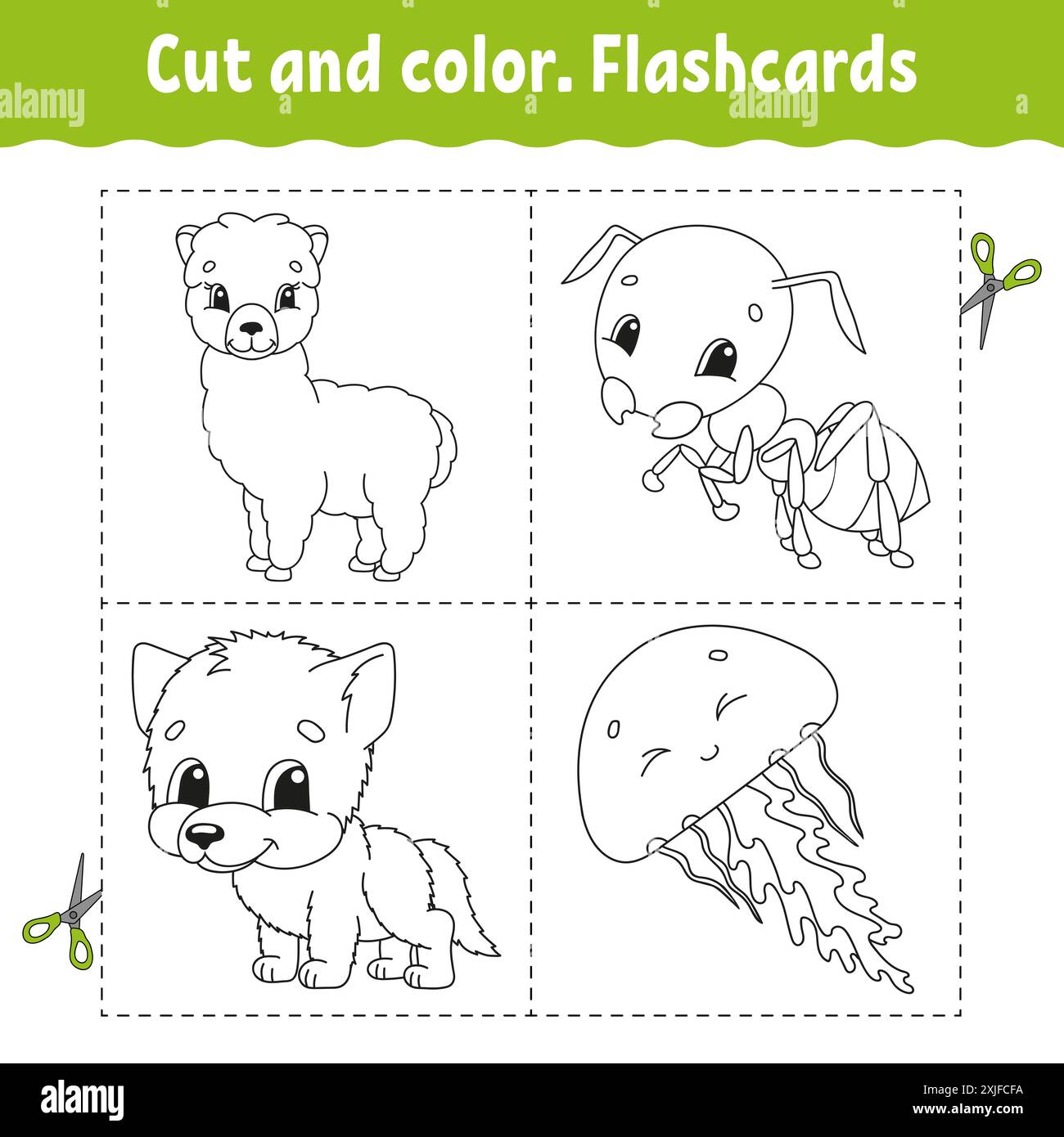 Cut and color. Flashcard Set. Coloring book for kids. Cute cartoon ...