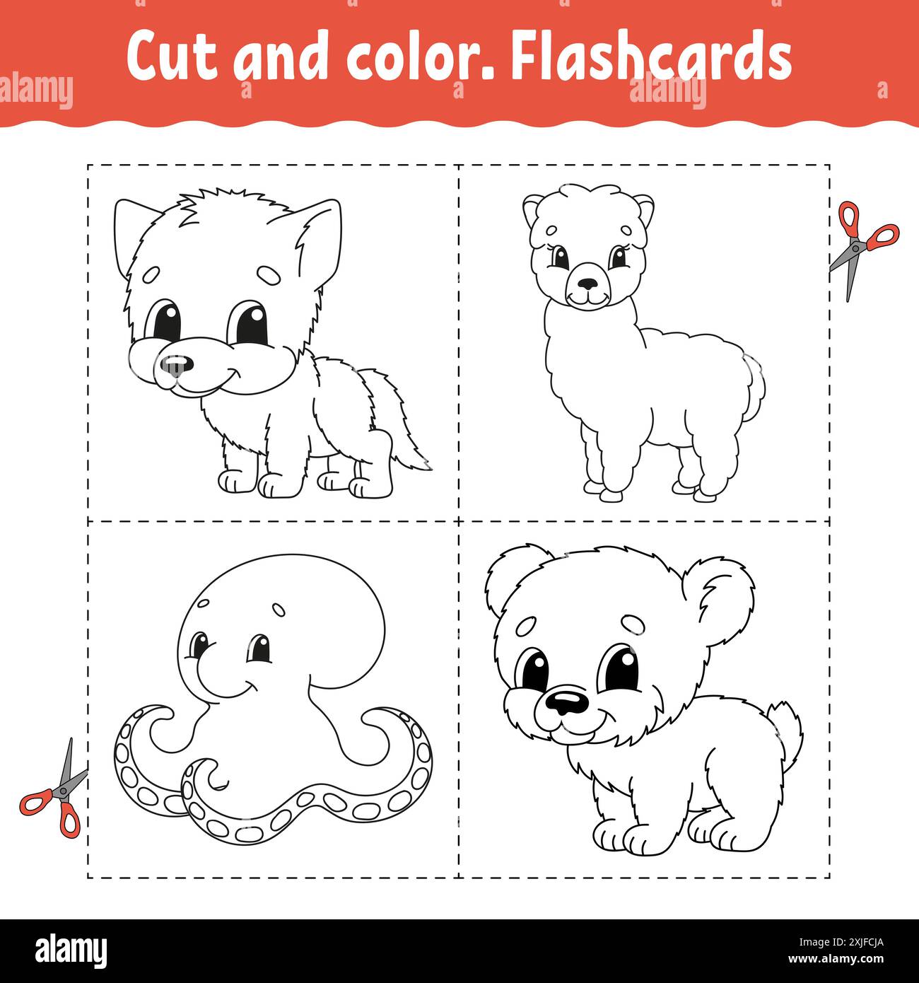 Cut and color. Flashcard Set. Coloring book for kids. Cute cartoon ...