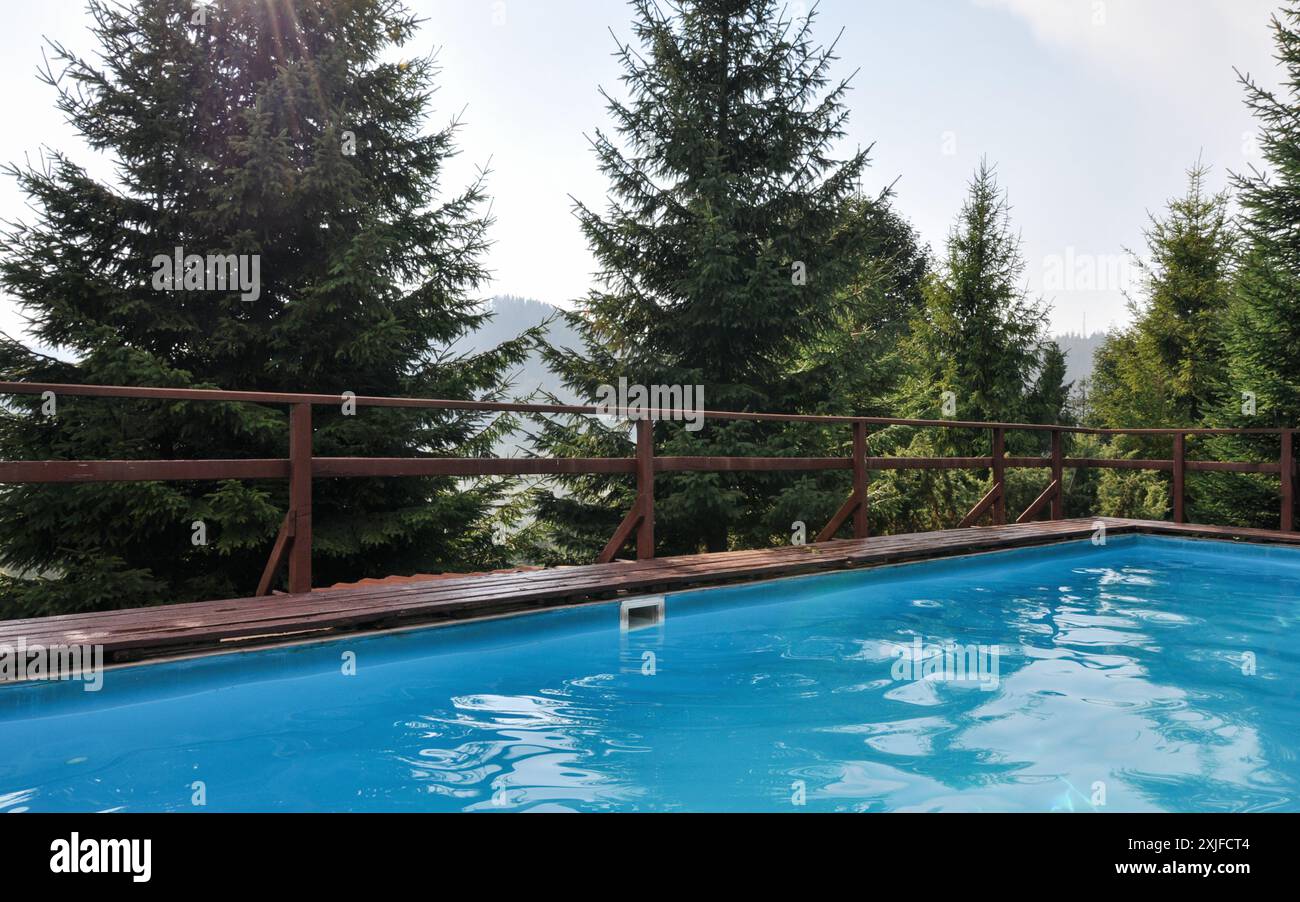 Pool surrounded by pine trees. Summer pool overlooking mountain valley ...
