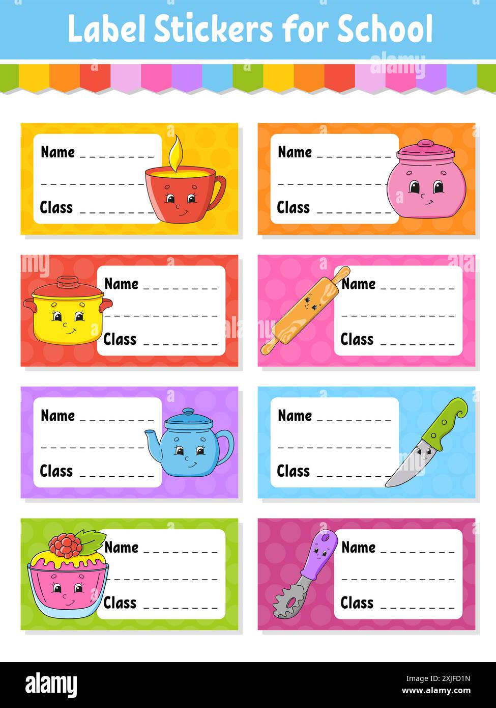Name and class. Back to school labels. Set stickers for notebook ...