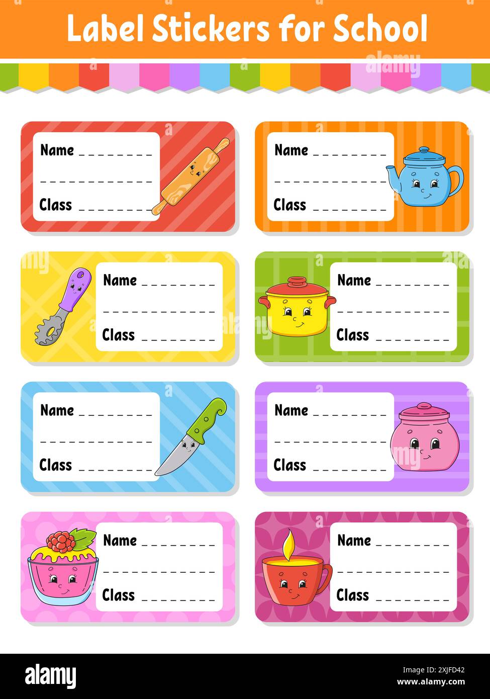 Name and class. Back to school labels. Set stickers for notebook ...