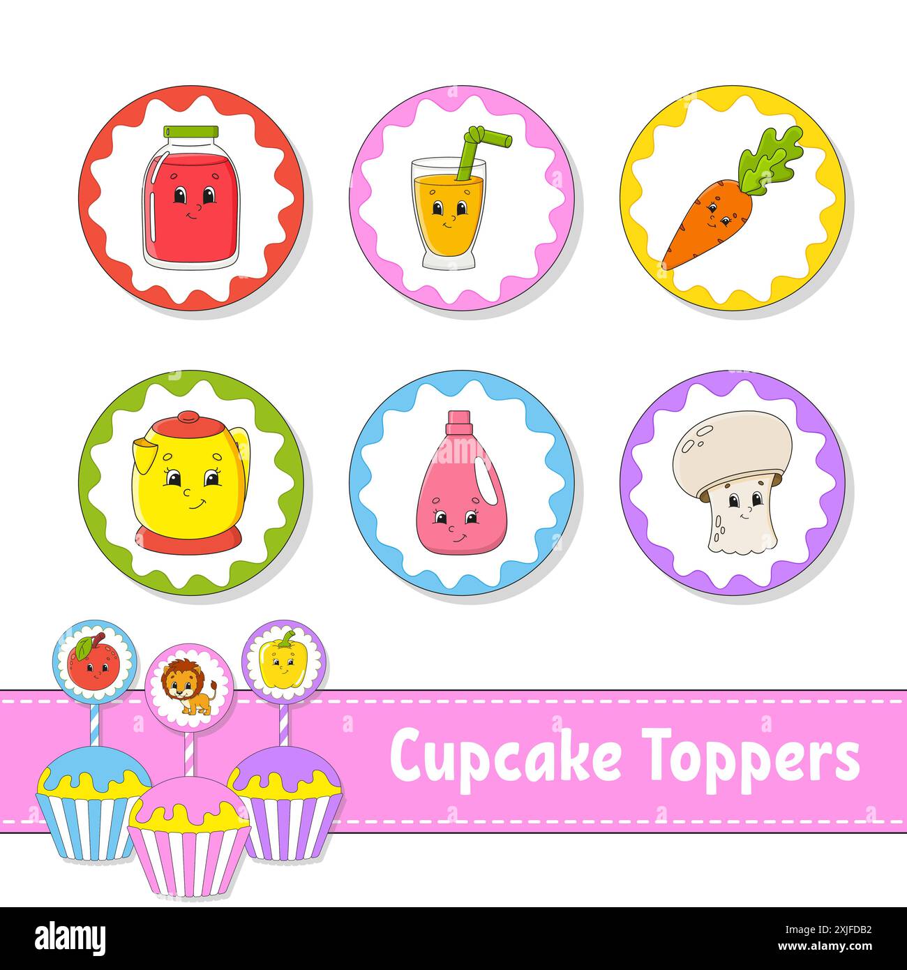 Cupcake Toppers. Set of six round pictures. cartoon characters. Cute ...