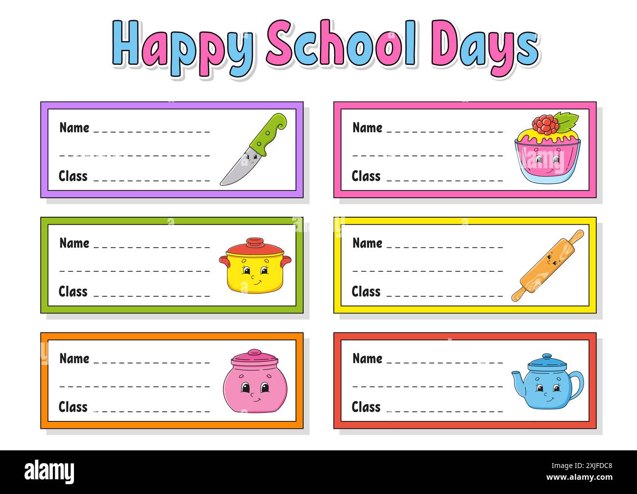 Name and class. Back to school labels. Set stickers for notebook ...