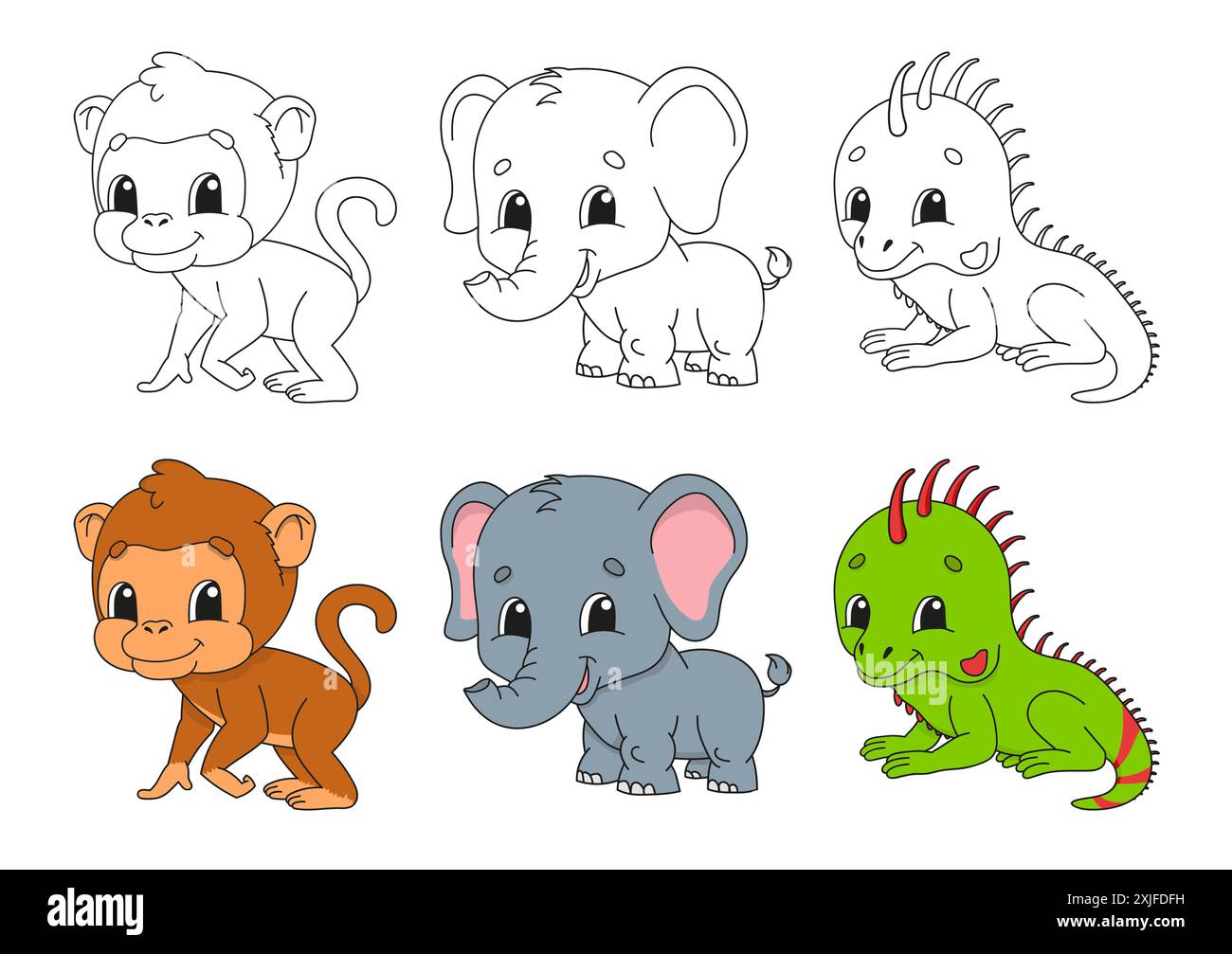 Set coloring page for kids. Cute cartoon characters. Black stroke. With ...