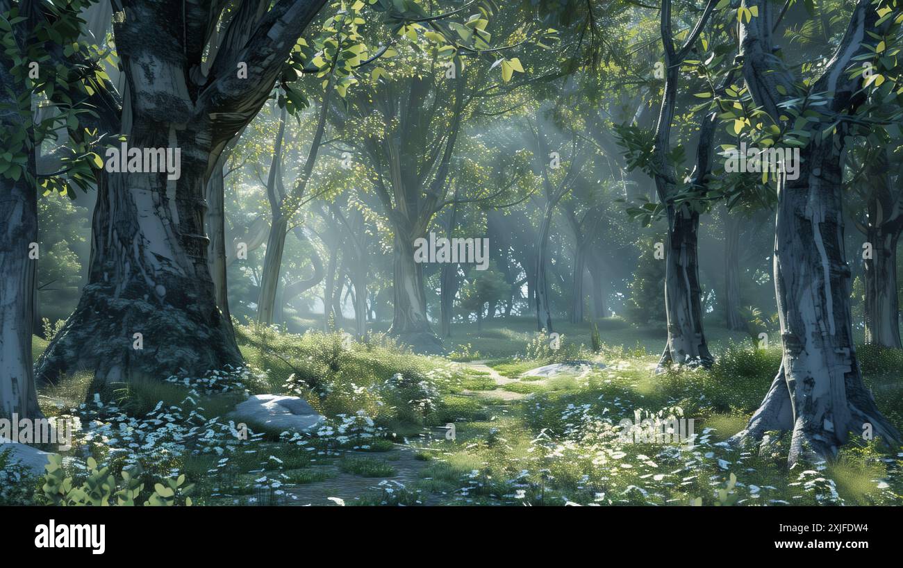 A meticulously detailed forest, alive with vibrant greenery and diverse ...