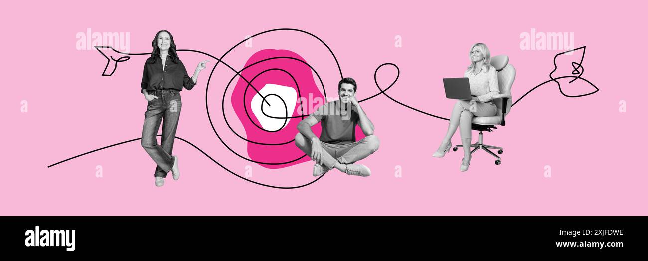 Creative poster collage panorama of teamwork arrow hit marketing target ...