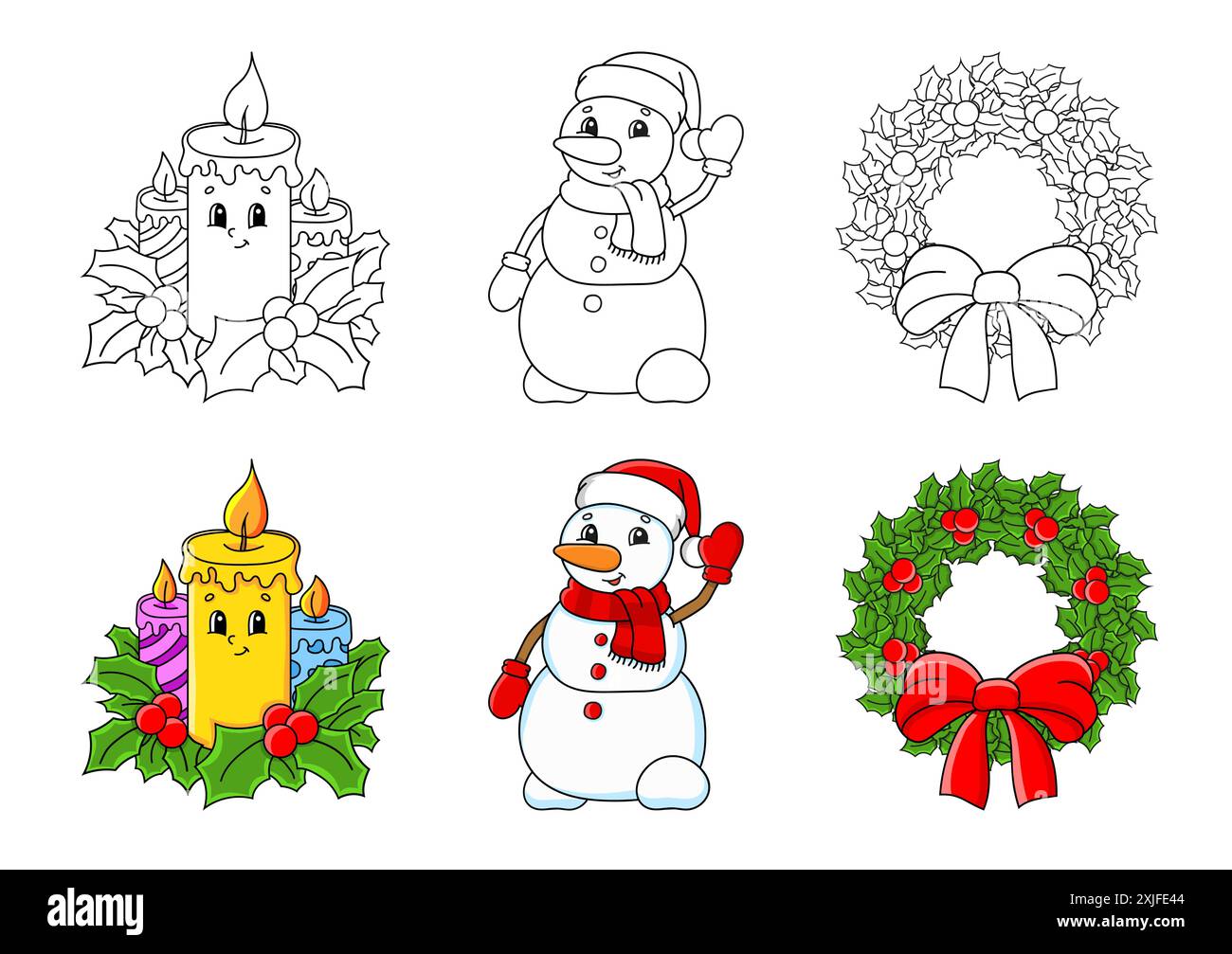 Set coloring page for kids. Cute cartoon characters. Black stroke. With ...