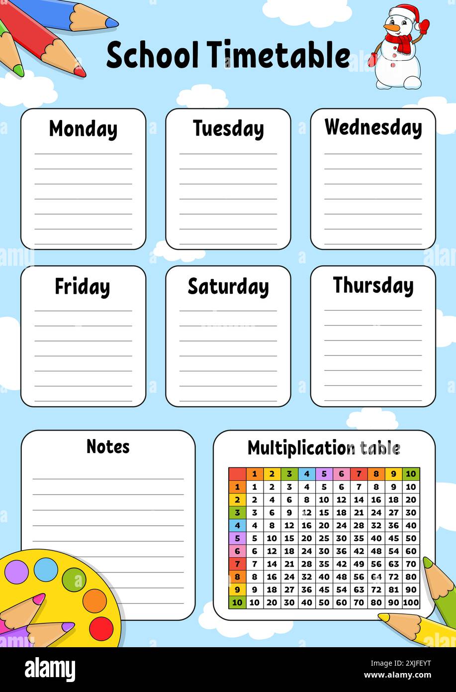 School timetable. For the education of children. Isolated on color ...