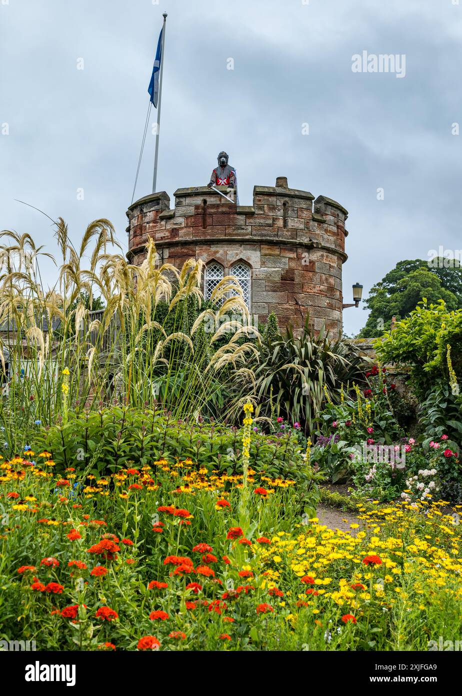 Dirleton Castle garden with Medieval figure wearing armour and helmet ...
