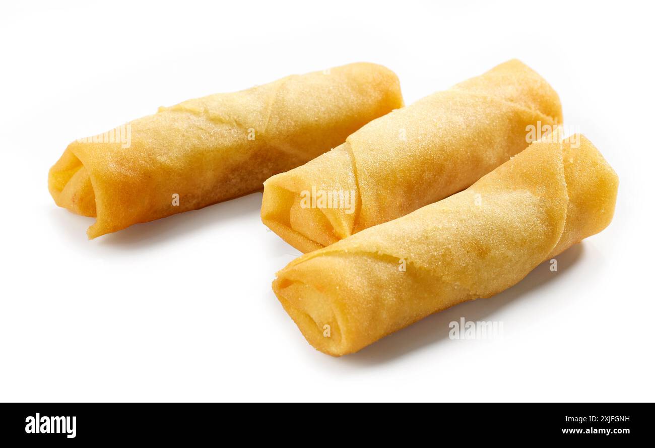 three fried springrolls isolated on white background Stock Photo - Alamy