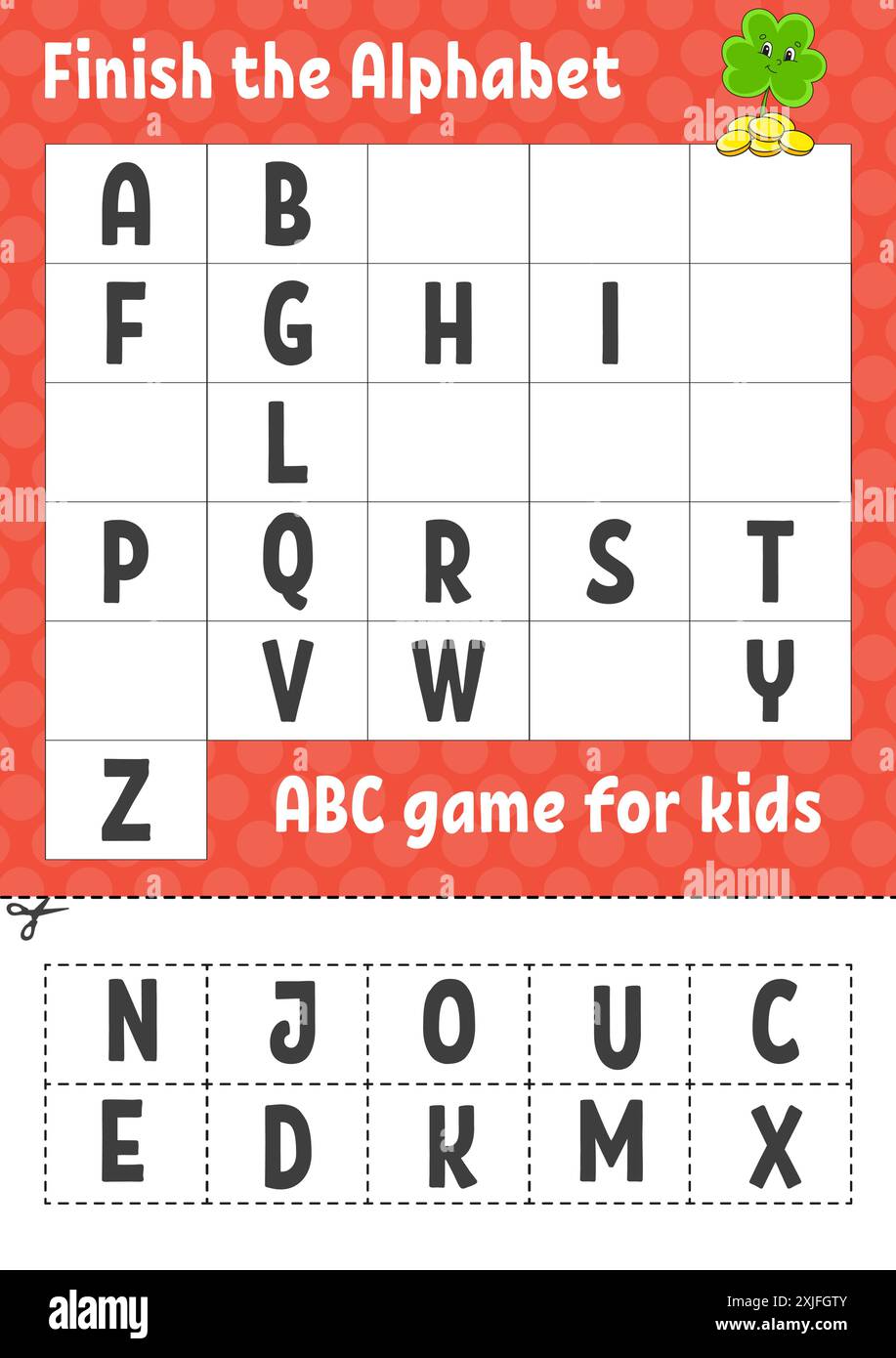 Finish the alphabet. ABC game for kids. Cut and glue. Education developing worksheet. Learning ...