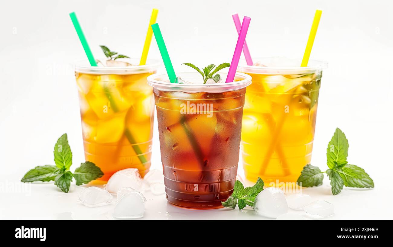 Three iced tea mockups with colorful straws and mint leaves on a white ...
