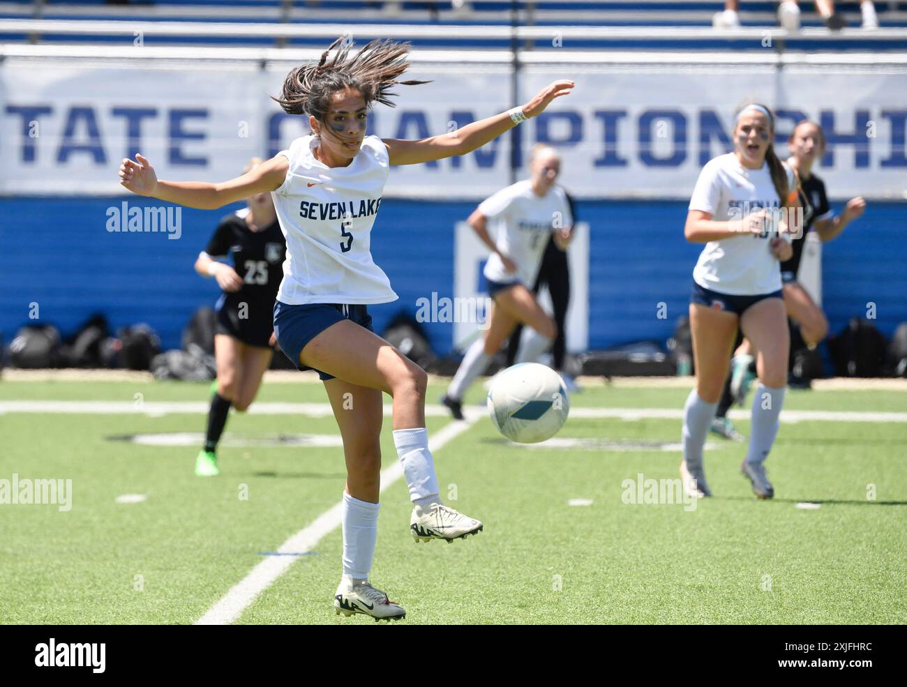 Katy Seven Lakes' #5 Maria Castro kicks toward the Prosper goal during ...