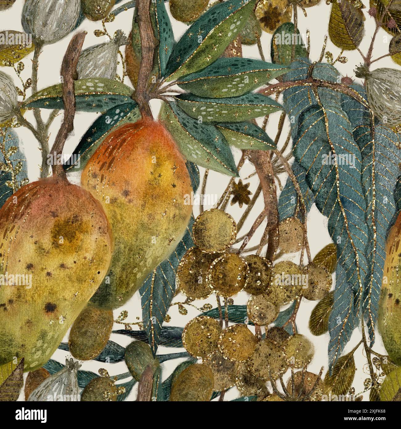 Detailed hand-drawn botanical illustration featuring vibrant fruits and ...