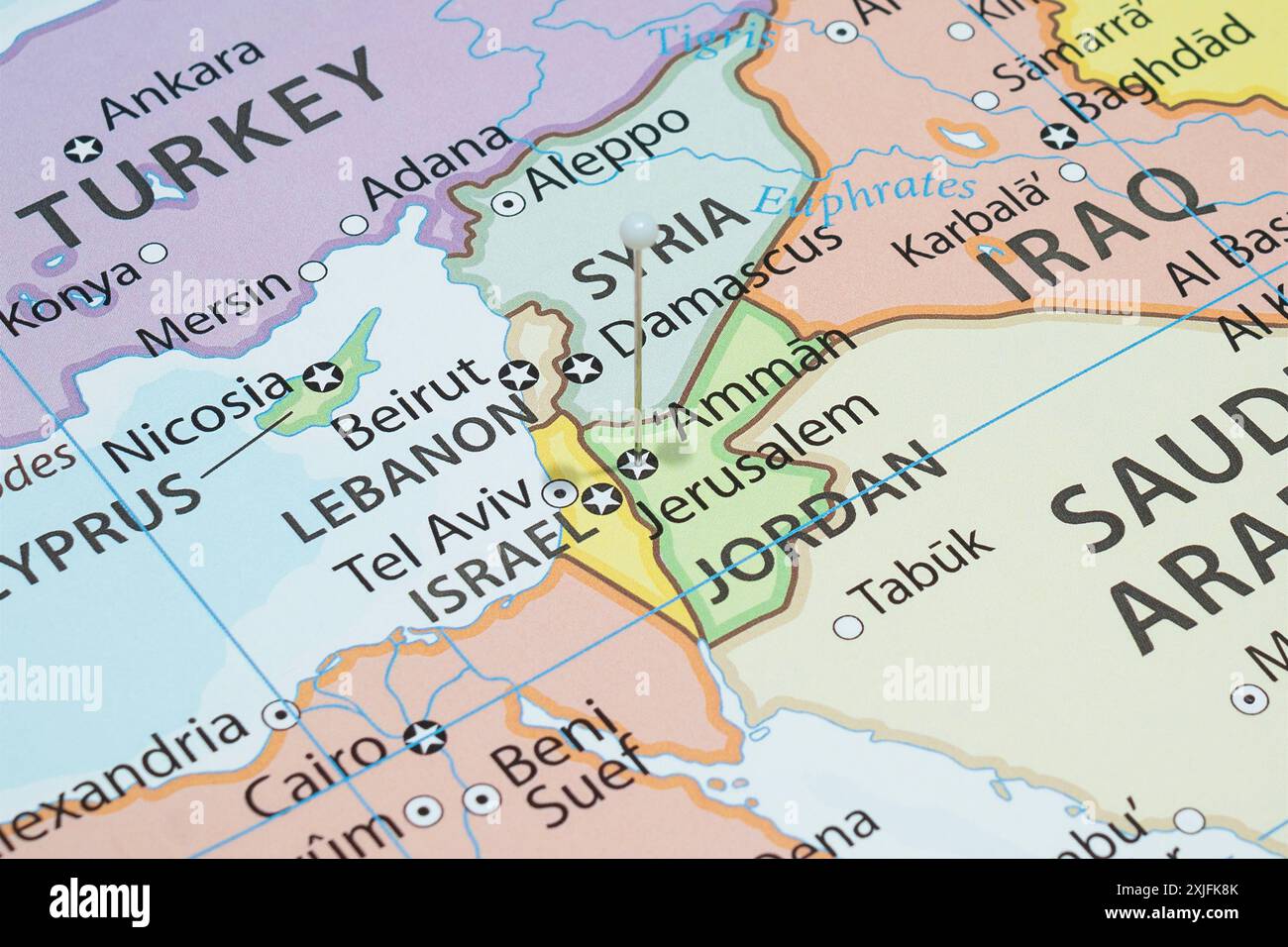 Close up to a Amman city with a white pin needle into Jordan country ...