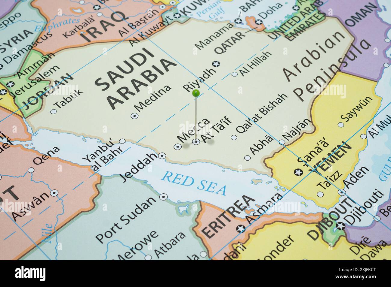 Close up to a At Taif city with a green pin needle into Saudi Arabia ...