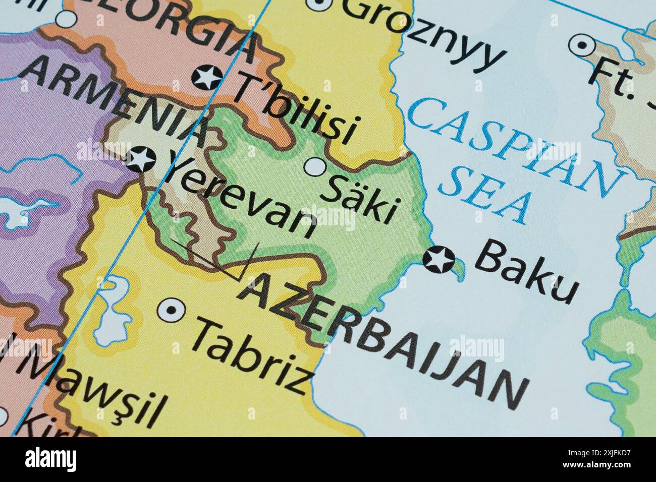 Close up to a Azerbaijan political map with country frontiers and most ...