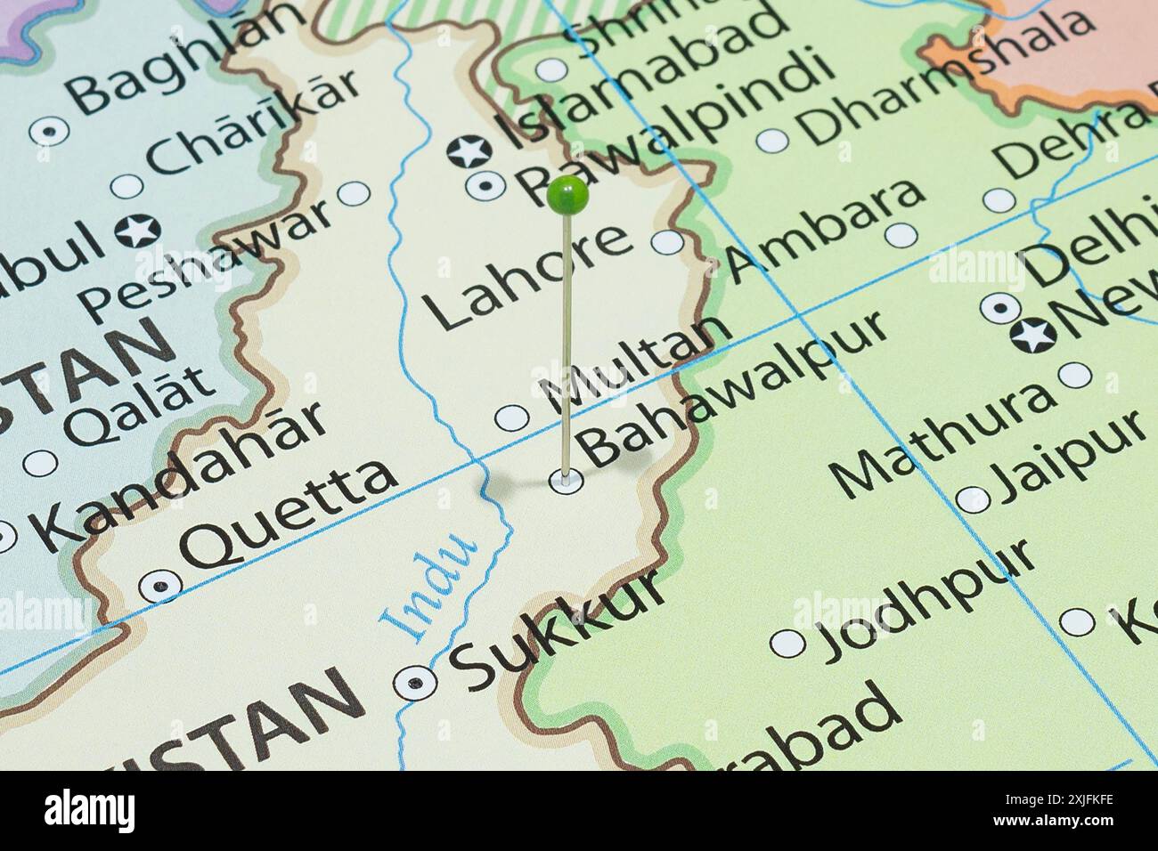 Close up to a Bahawalpur city with a green pin needle into Pakistan ...