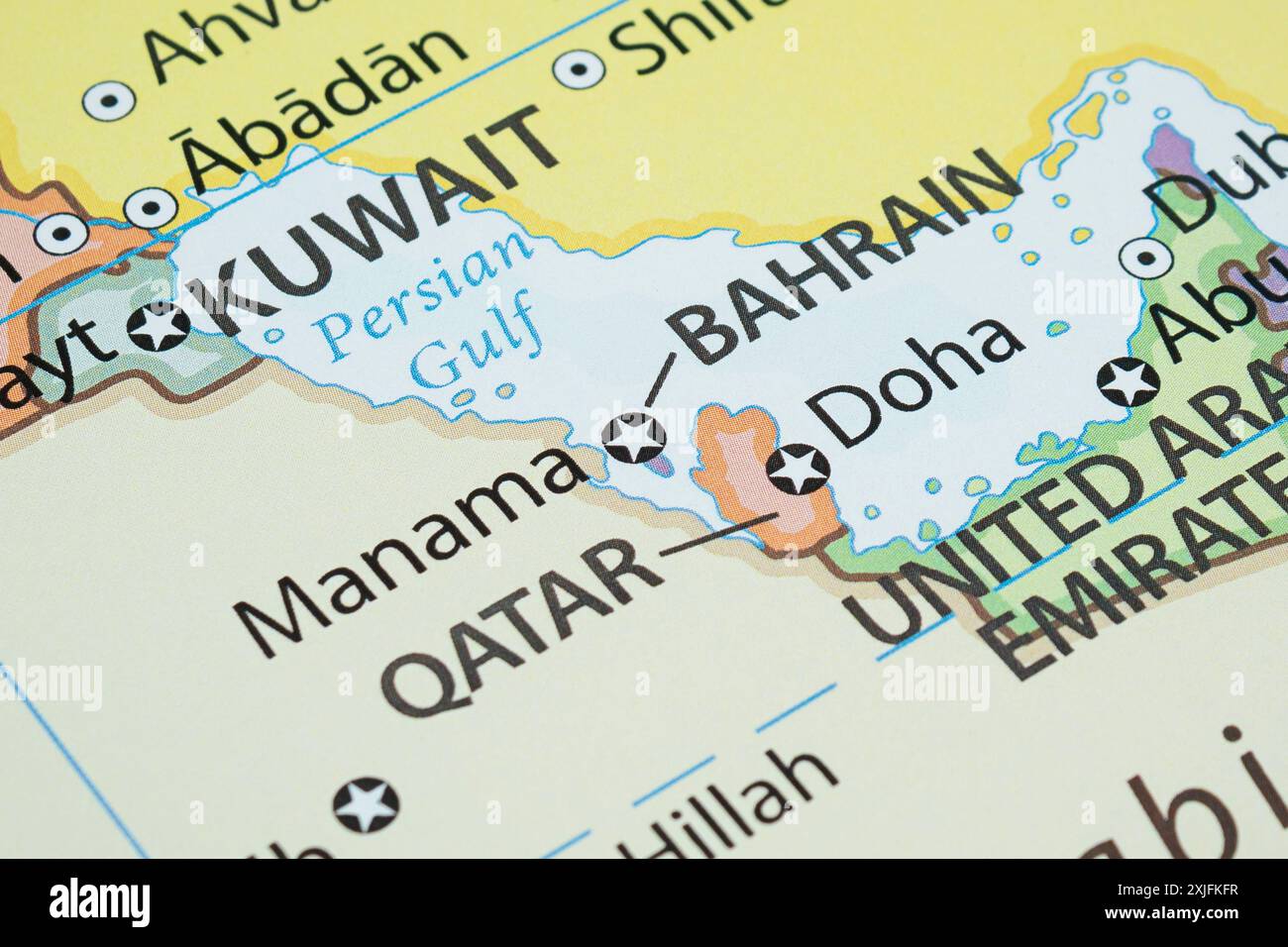 Close up to a Bahrain political map with country frontiers and most ...