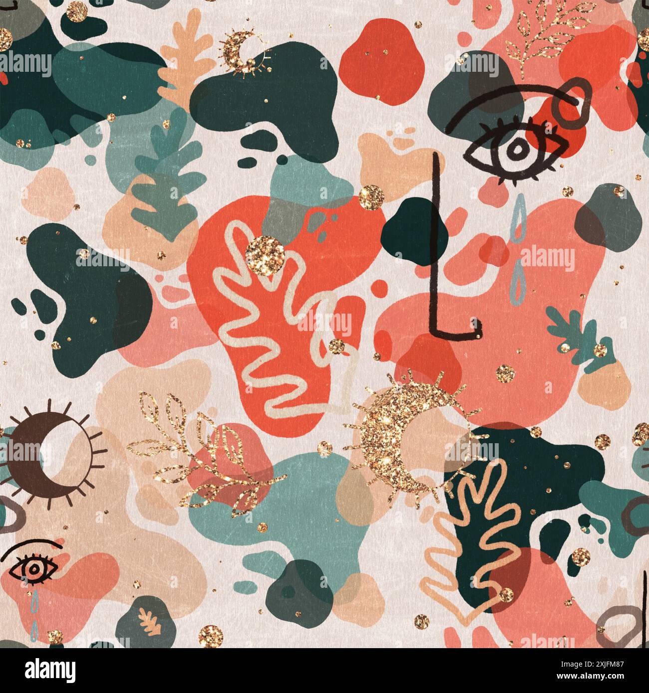 Colorful abstract art with organic shapes, whimsical faces, and eye ...