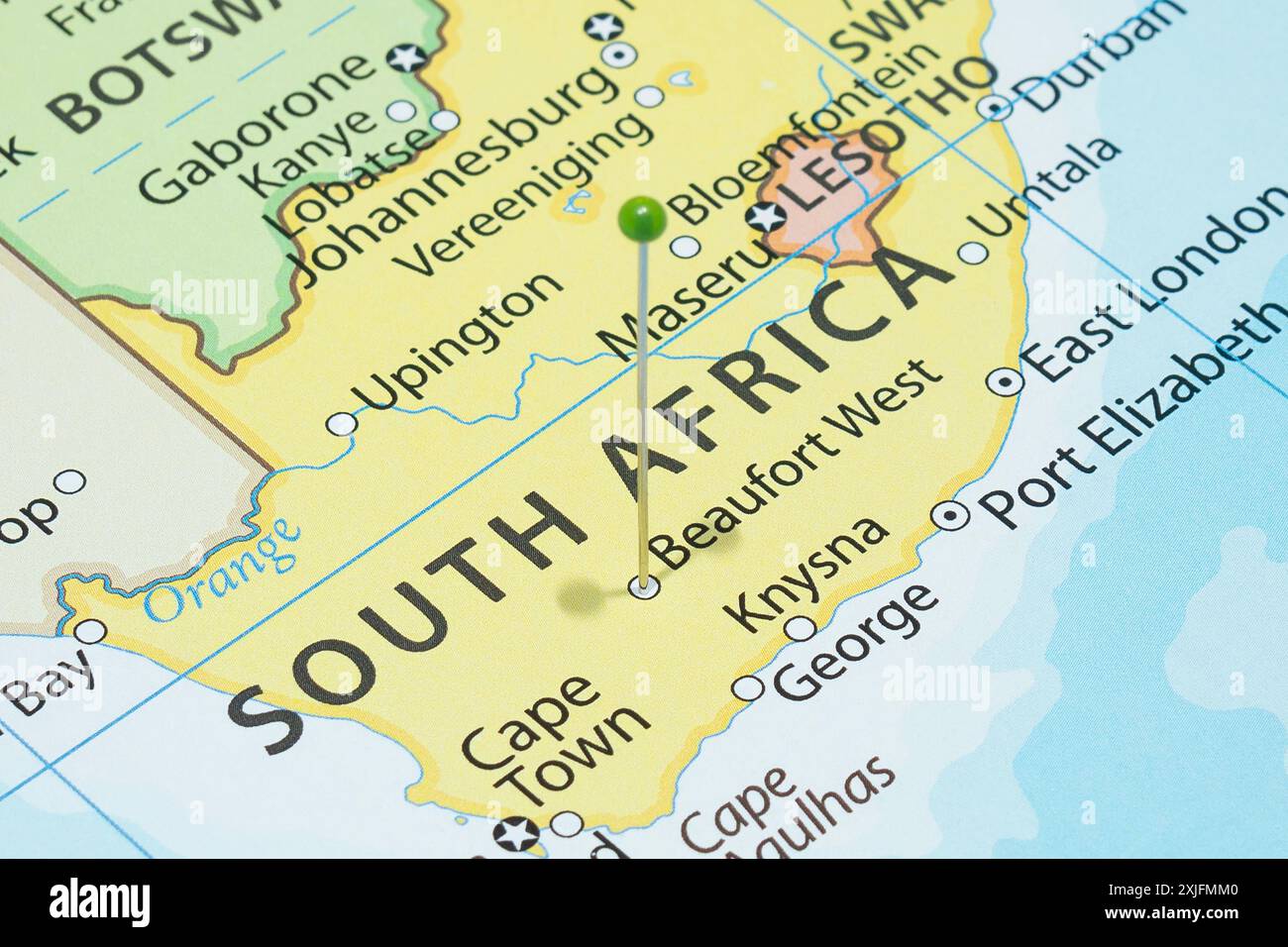 Close up to a Beaufort West city with a green pin needle into South ...