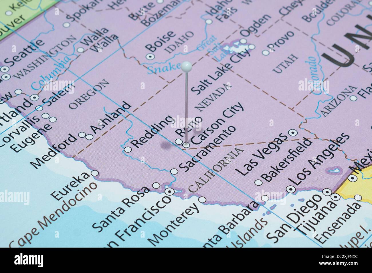 Close up to a Carson city with a white pin needle into United States of ...