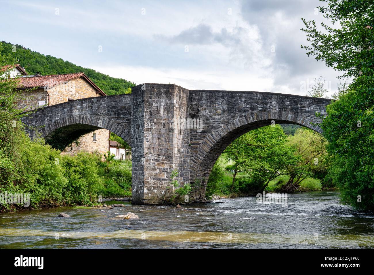 The old midieval stone bridge in Zubiri Spain part of the Camino Way ...