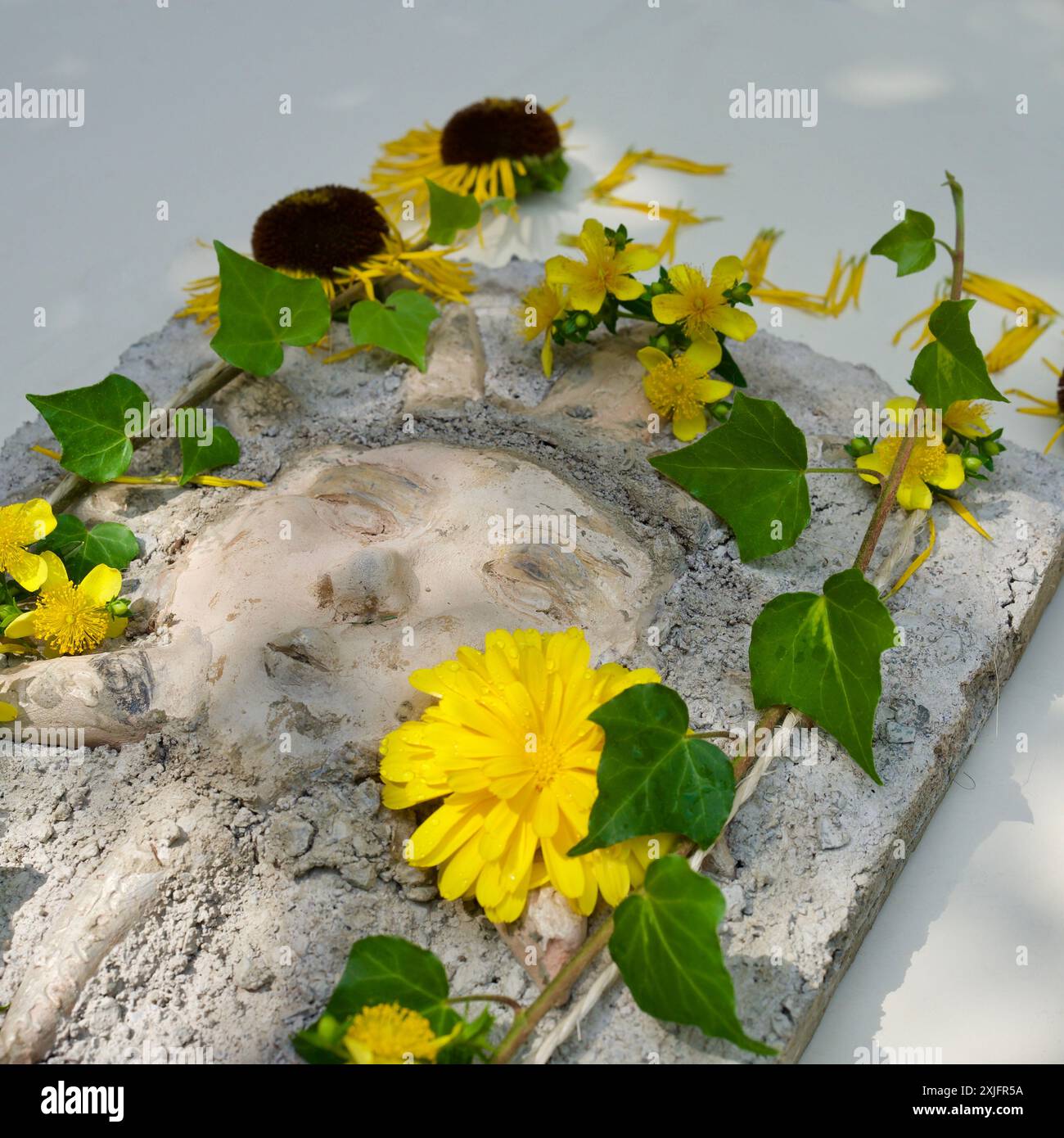 Face of the sun in clay and concrete with flowers. Summer feeling. "Sun ...